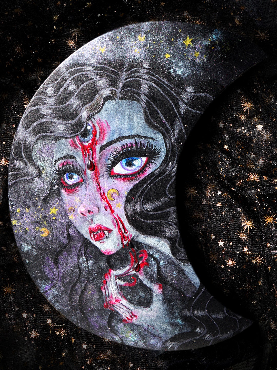 Vampire Moon Acrylic Painting on Crescent Teakwood | Fantasy Dark Art ...
