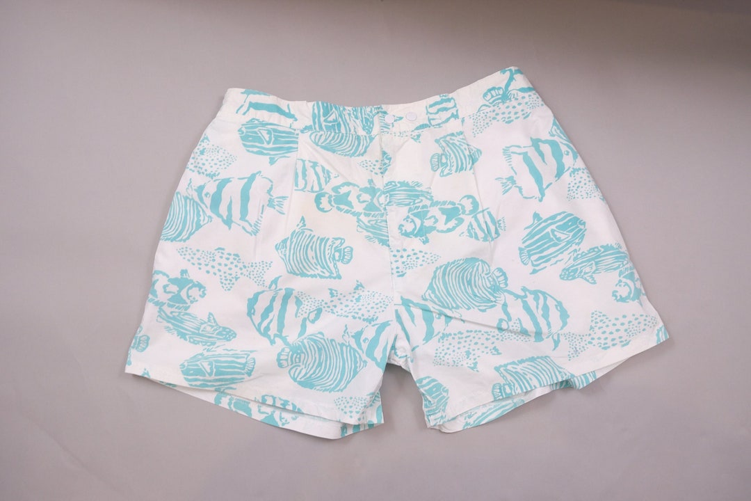 Vintage 80s Fish Print Swim Trunks Shorts Cotton Lined Mens Large Occhi ...