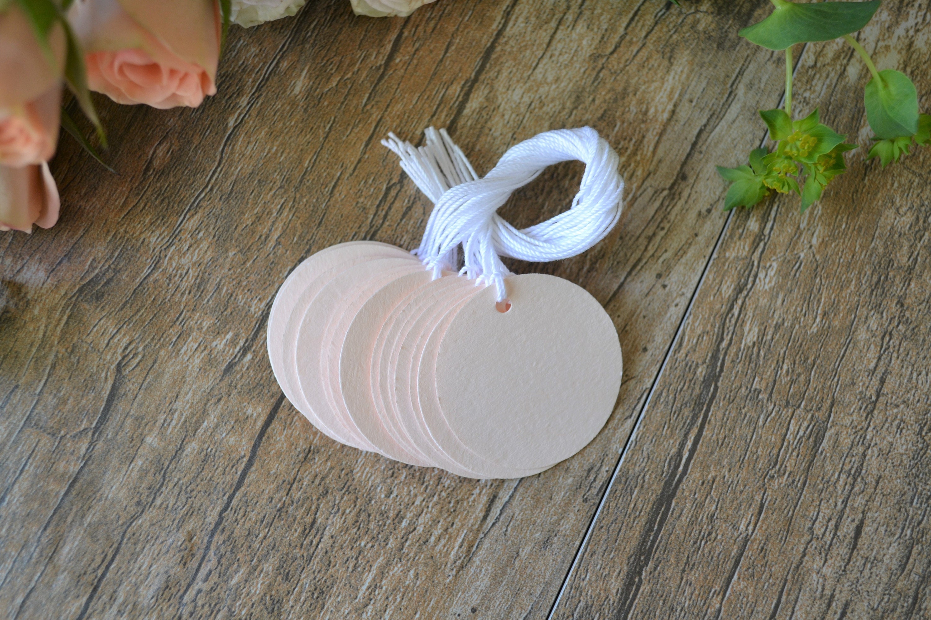 Blush pink circle tags with string girl baby shower hang | Etsy