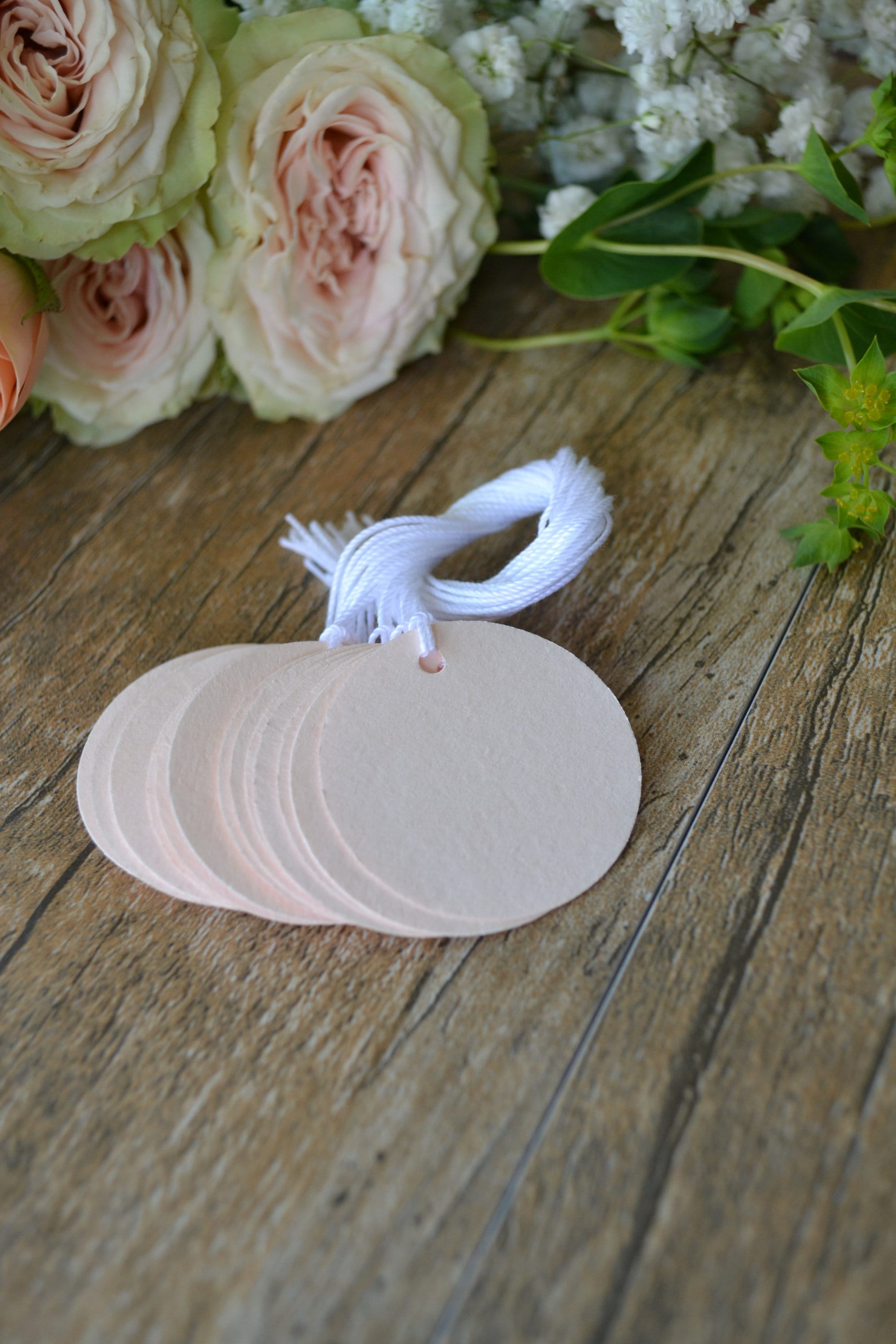 Blush pink circle tags with string girl baby shower hang | Etsy