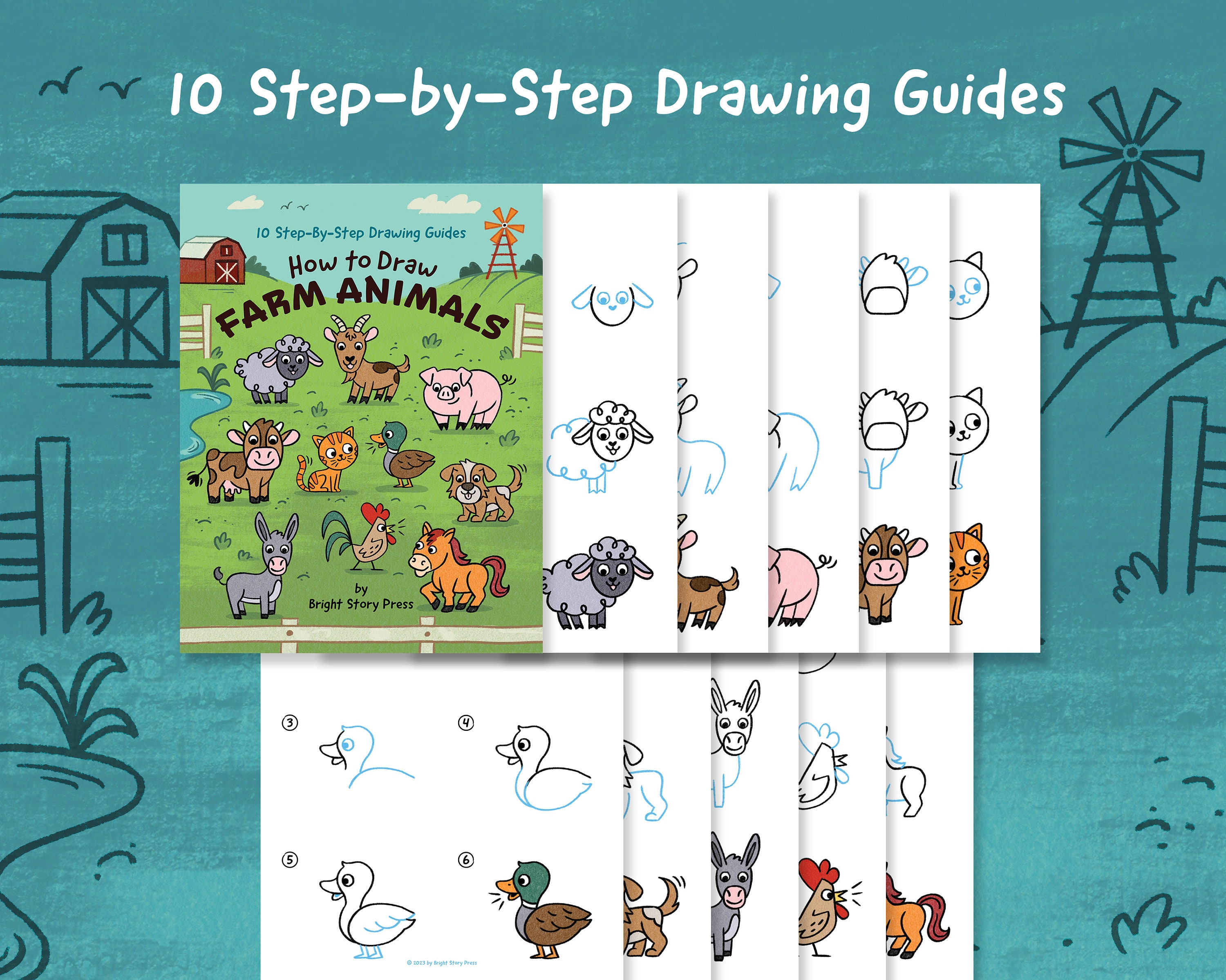 How to Draw Farm Animals | 10 Digital Step-by-step Drawing Guide Pdfs ...