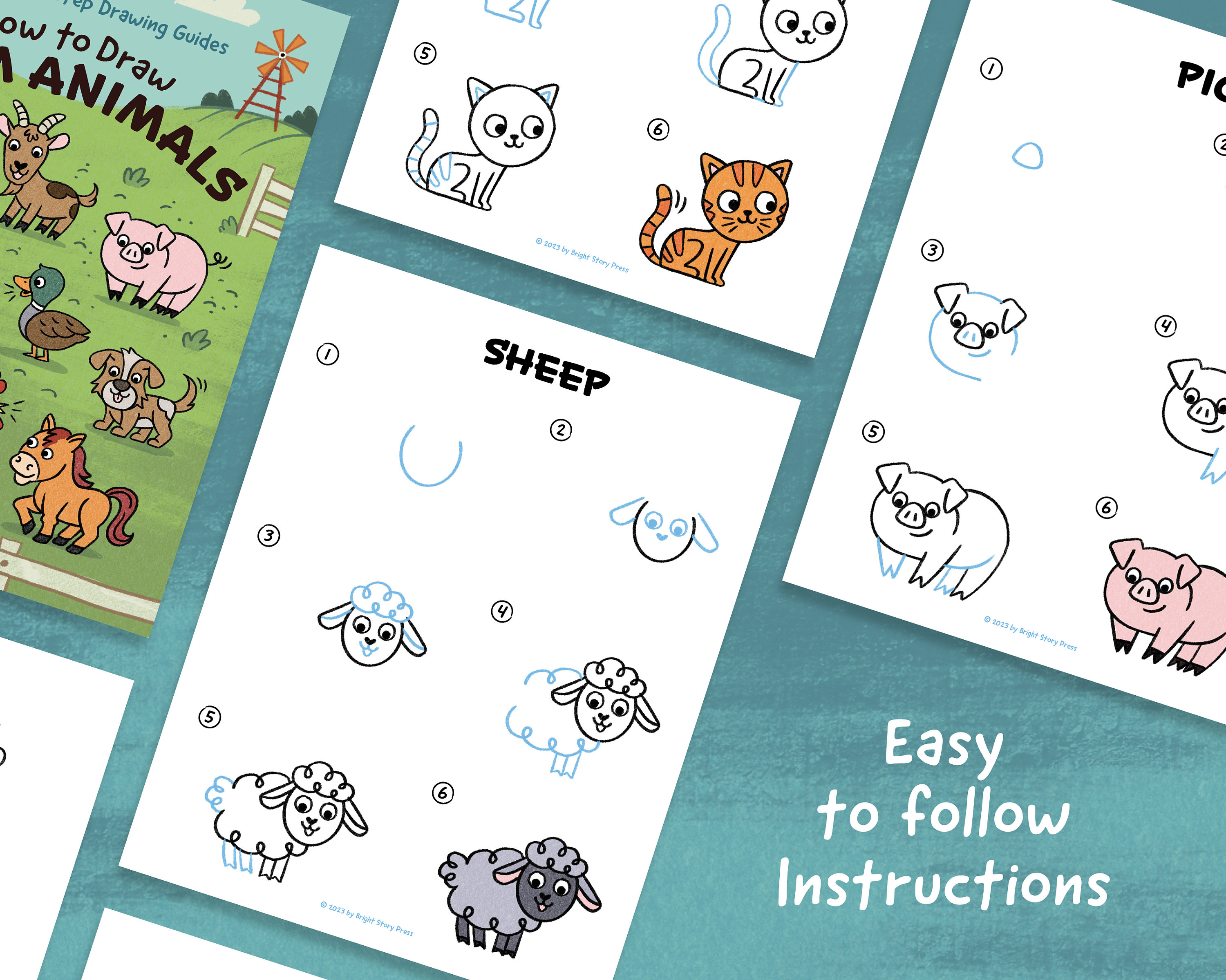 How to Draw Farm Animals | 10 Digital Step-by-step Drawing Guide Pdfs ...