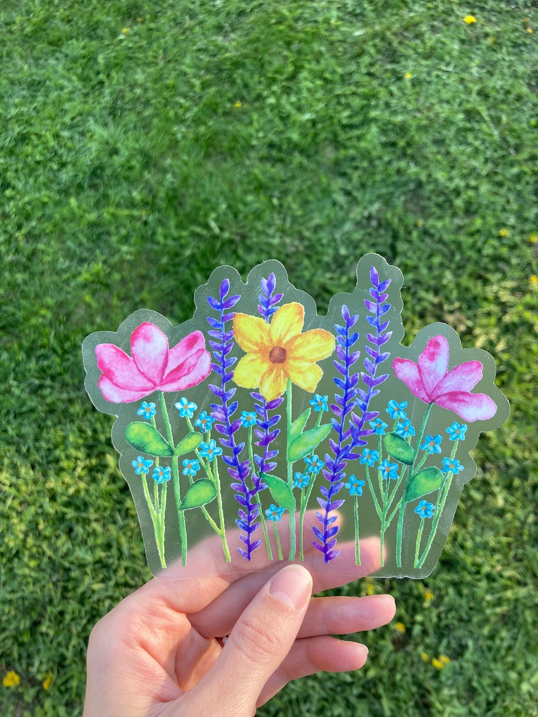 Large Clear Pink and Yellow Flower Watercolor Vinyl Sticker // Floral ...