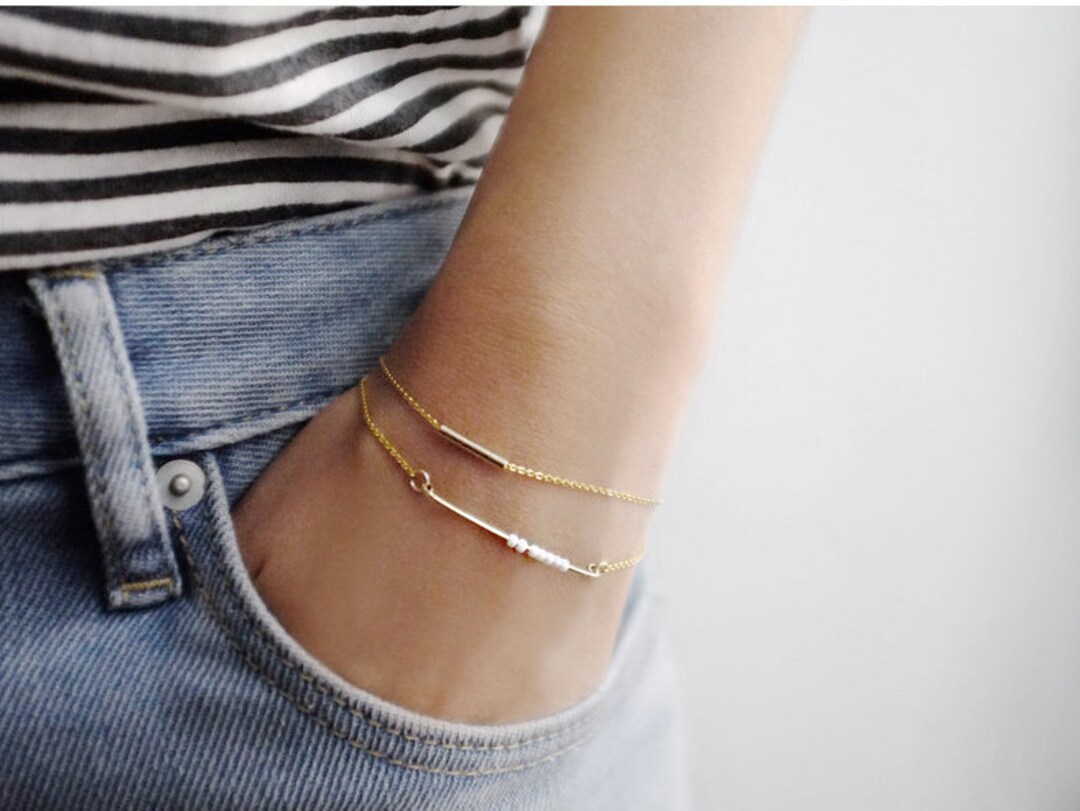 Le Blanc Gold Layering Bracelets, Tiny Gold Bar and Tube Bracelets ...