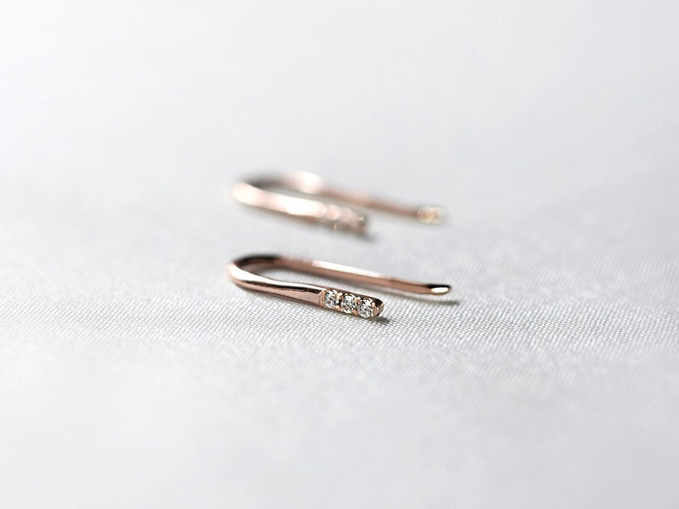 14k Rose Gold Diamond Ear Climber, Tiny Diamond Ear Pin Ear Climber ...