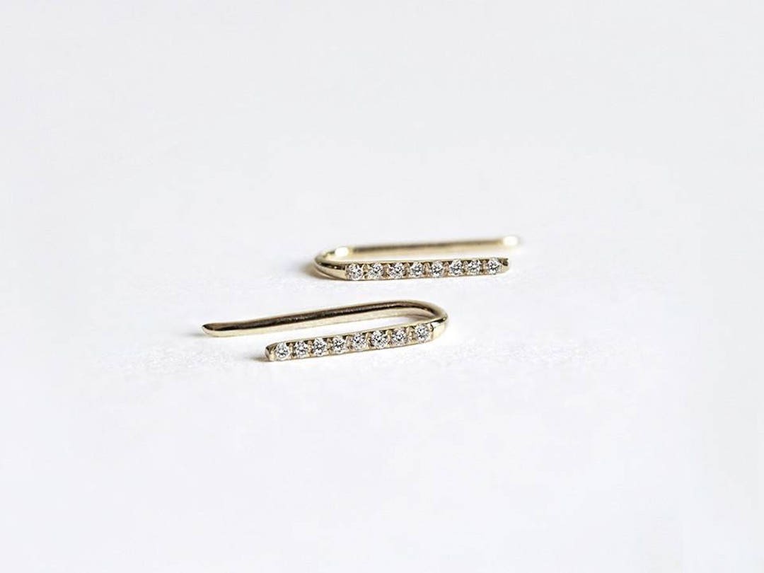 14k Gold Ear Climber With Diamonds - Tiny Diamond Bar Ear Pin - Leave ...