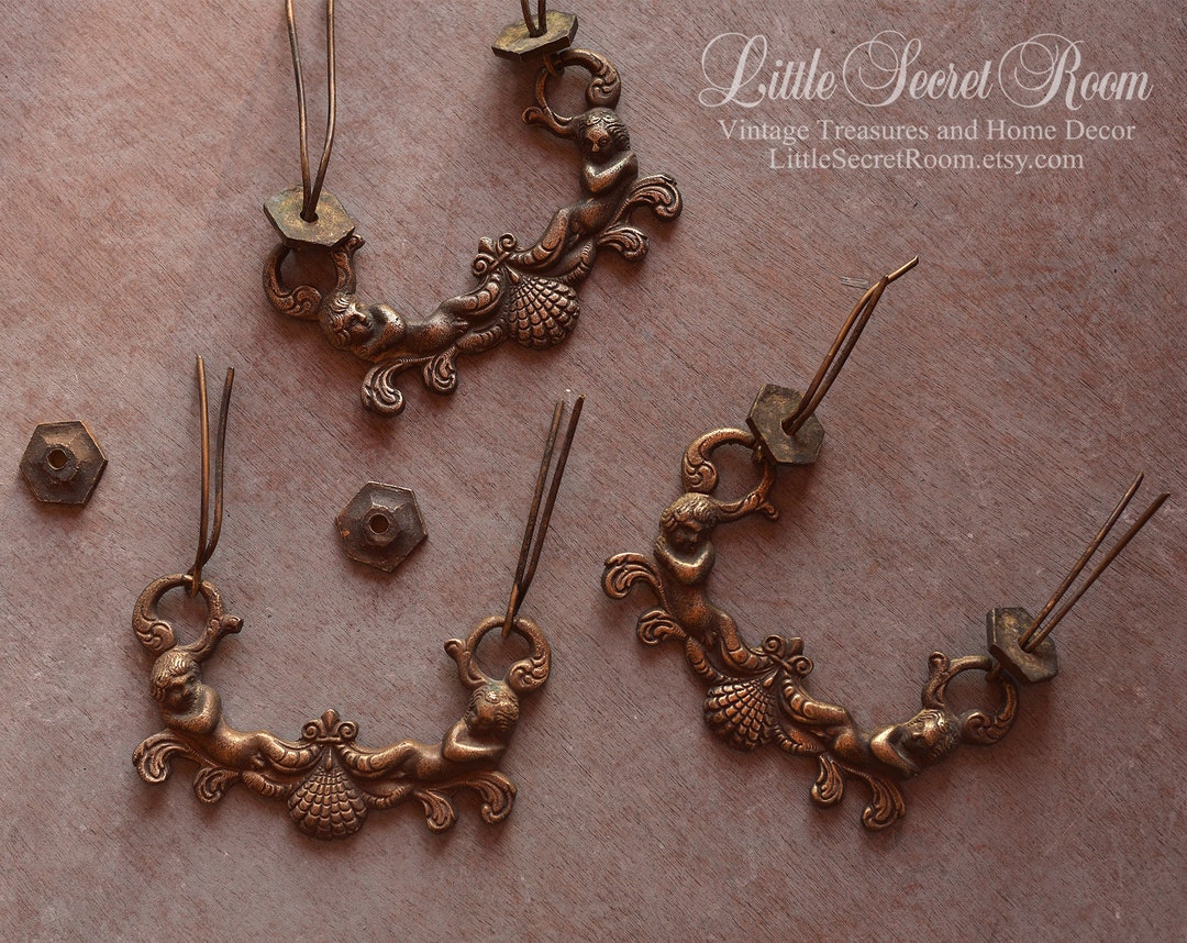 Set of 3 Vintage Drawer Handle With Cherubs Angel, Large Brass Hanging ...
