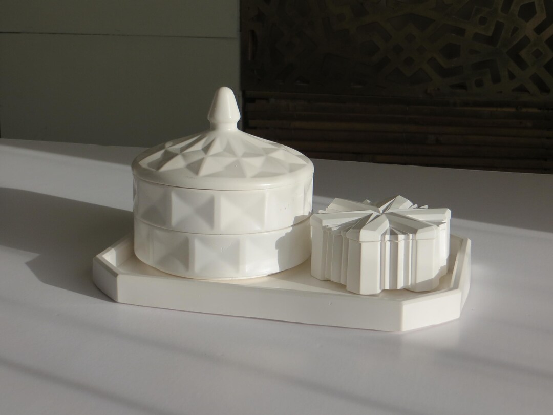 Polished Alabaster Set Stackable Lidded Pot With Lidded Trinket Box and ...