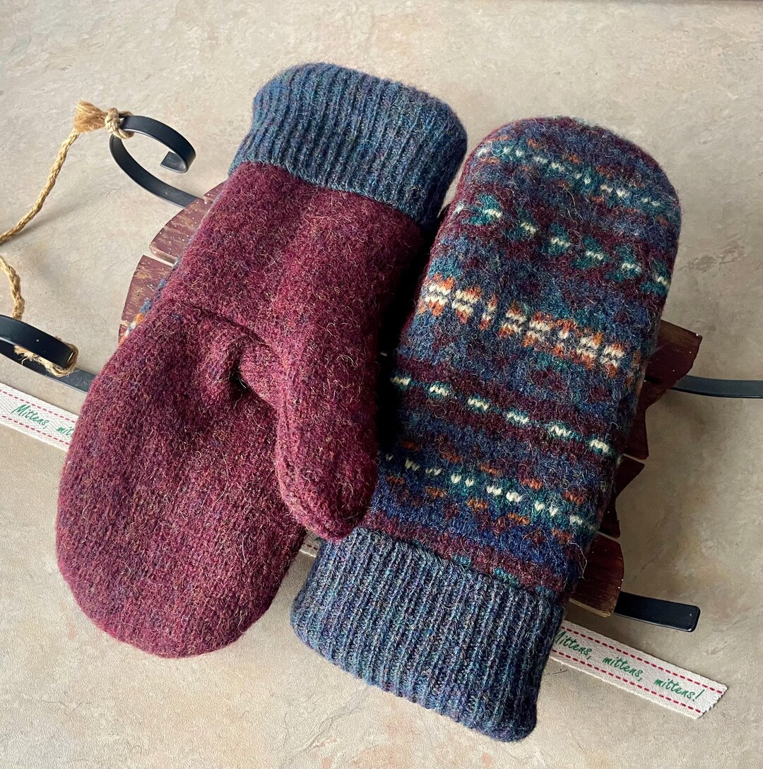 Women's Felted Shetland Sweater Mittens, Green and Maroon Mittens, Warm ...