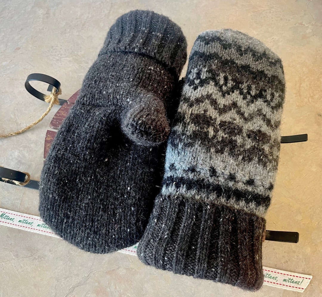 Men's Felted Wool Mittens, Woman's Large Mittens, Black and Grey ...