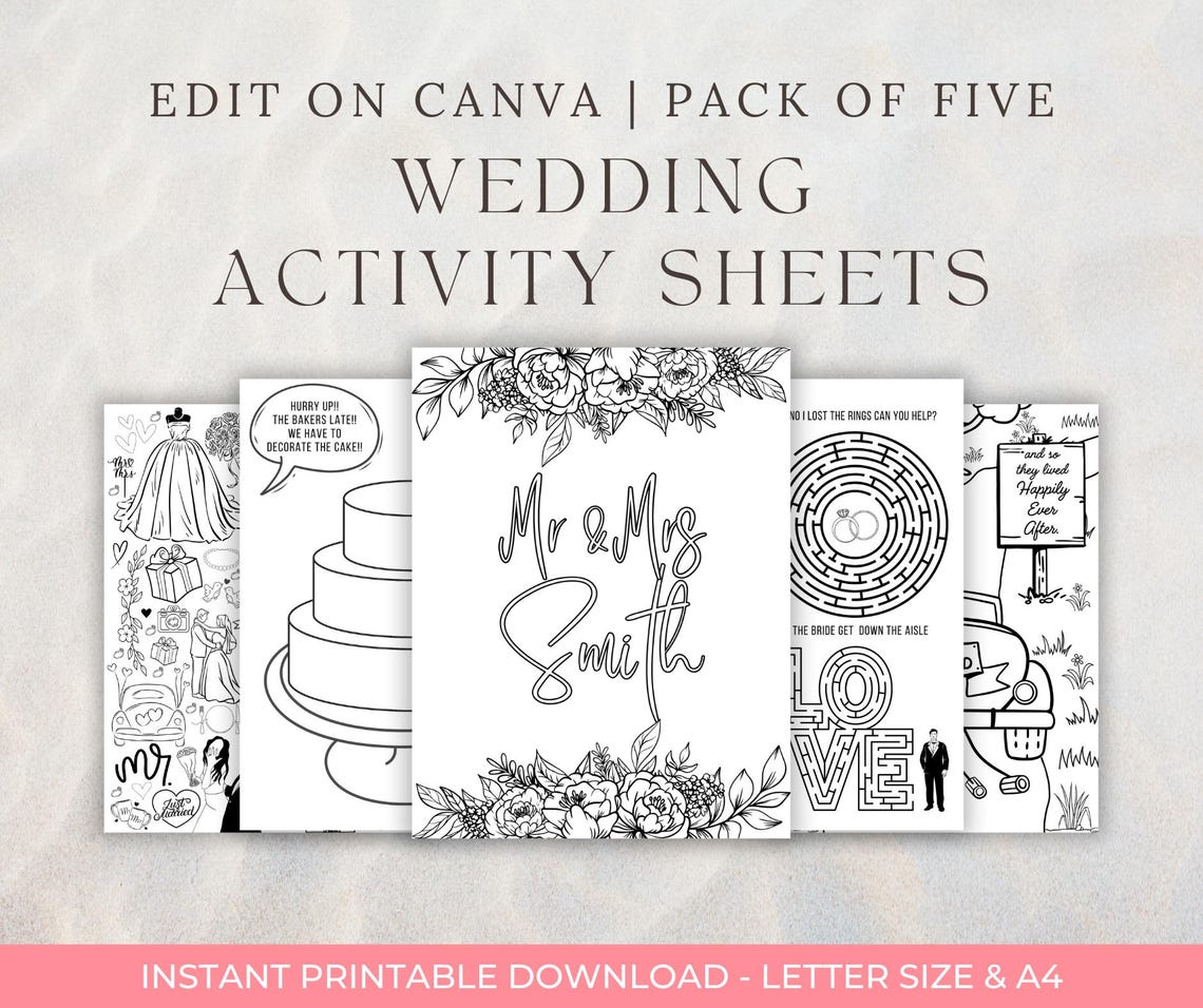 Wedding Activity Sheets: DIY Coloring Pages (canva Editable, Instant ...