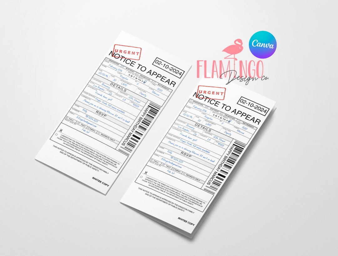 Funny Citation Birthday Invitation: Police Ticket, DIY Canva Template ...