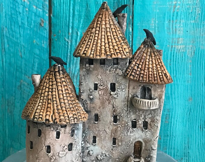 6" Fairy Castle With Crows OOAK Miniature Ceramic Clay Sculpture Tiny ...