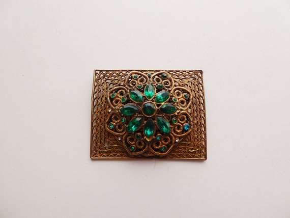 1950s Emerald Green Crystal Rhinestone Rectangle Gold… - Gem
