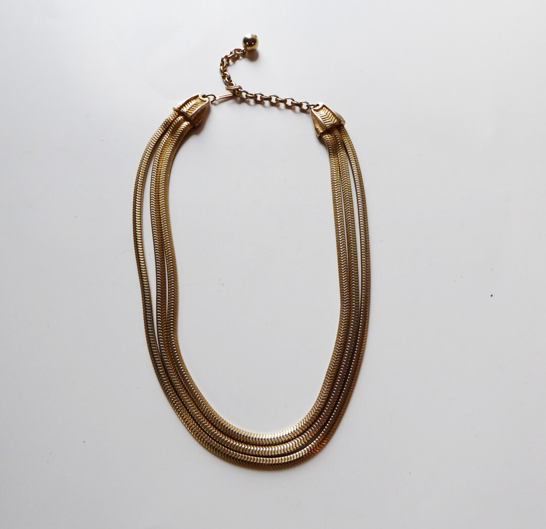 Vintage Chunky Snake Chain Triple Strand Gold Tone Choker Necklace With ...