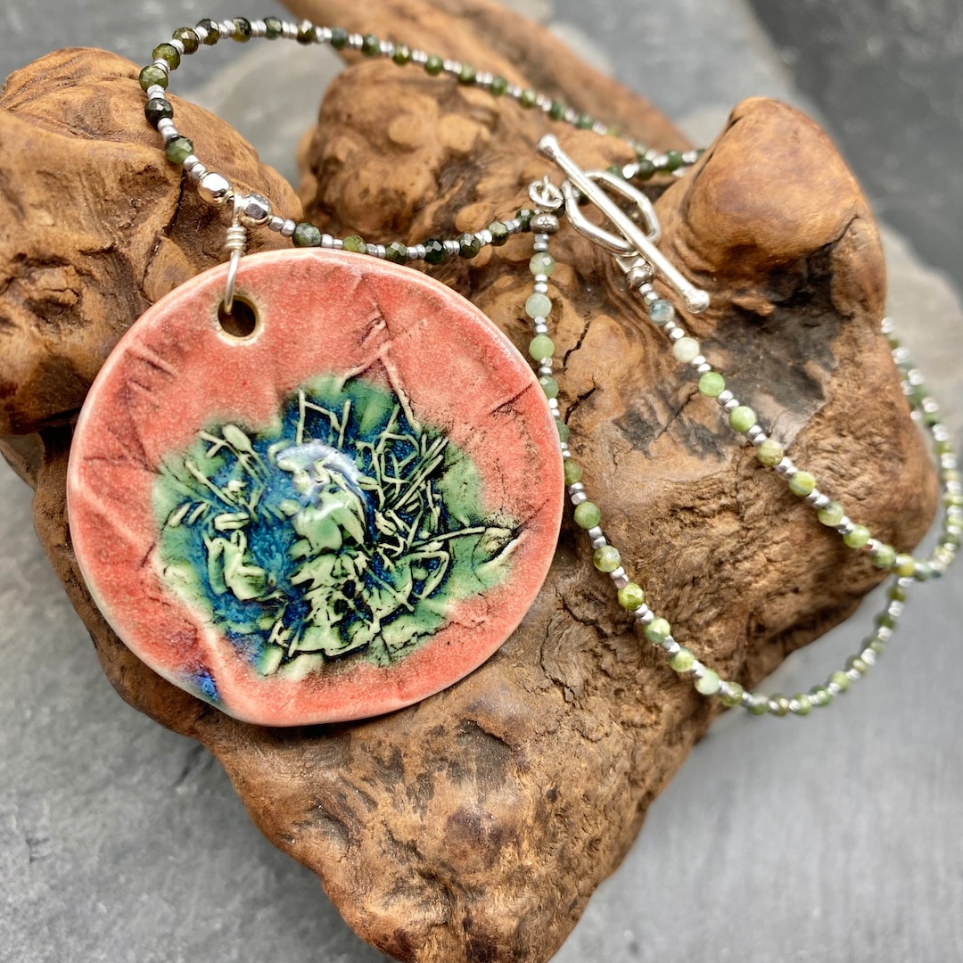 Ceramic Botanical Pendant and Green Tourmaline Beaded Necklace - Etsy