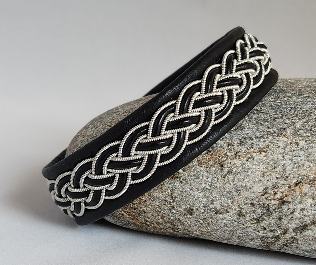 Sami Inspired Bracelet Black Leather & Silver Pewter Braid Nordic ...