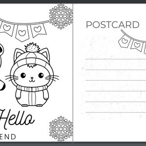 Printable Coloring Postcard - Winter Friends - Digital Print, Cat ...