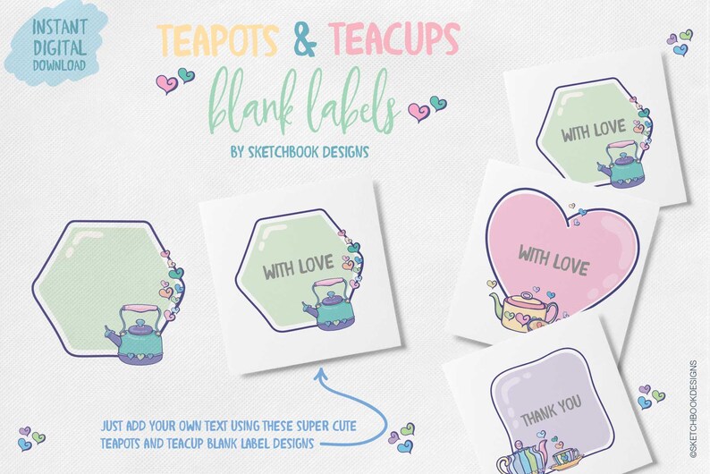 Teapots & Teacups - Cute Digital Label Clipart Set Instant Download - Etsy
