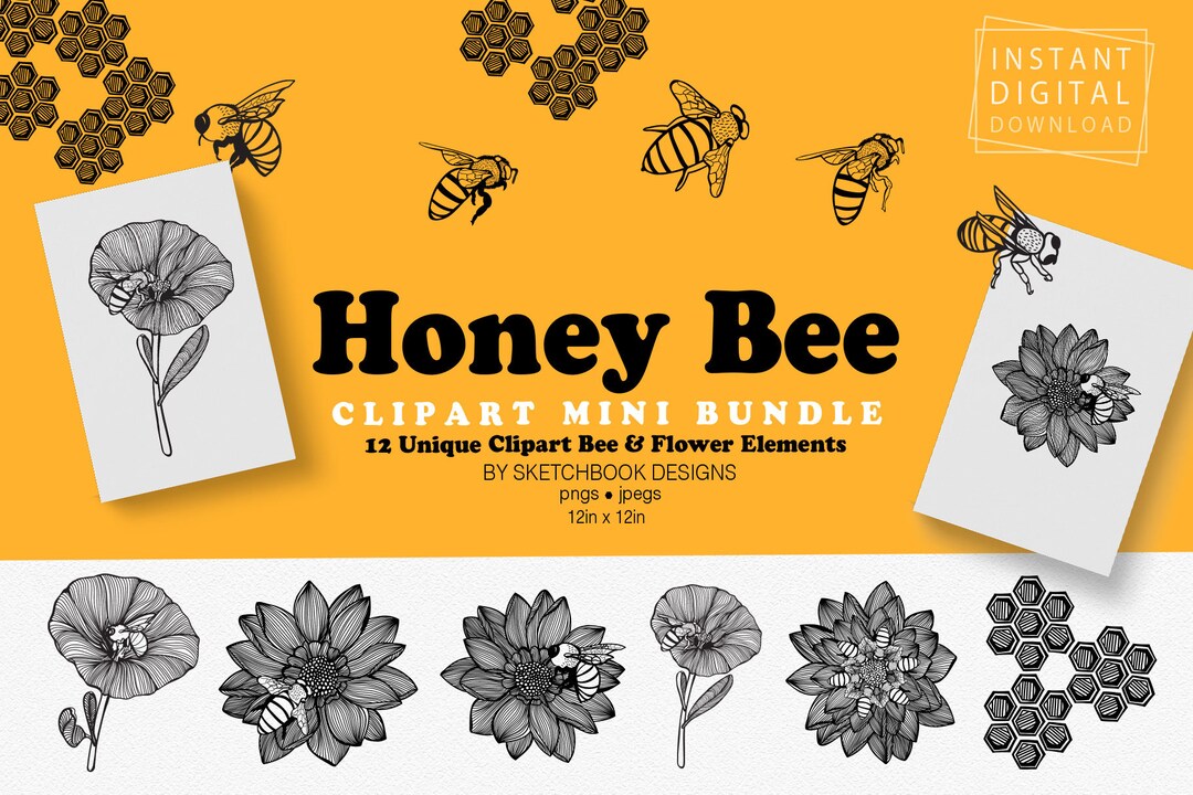 12 Honey Bee Digital Clipart Bundle, Bee Elements , Bee Clipart Instant ...