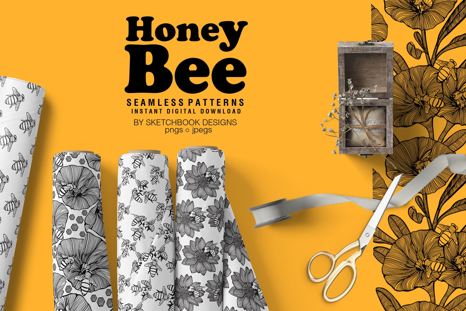 Honey Bee Digital Seamless Patterns, Black & White Patterns, Bee ...