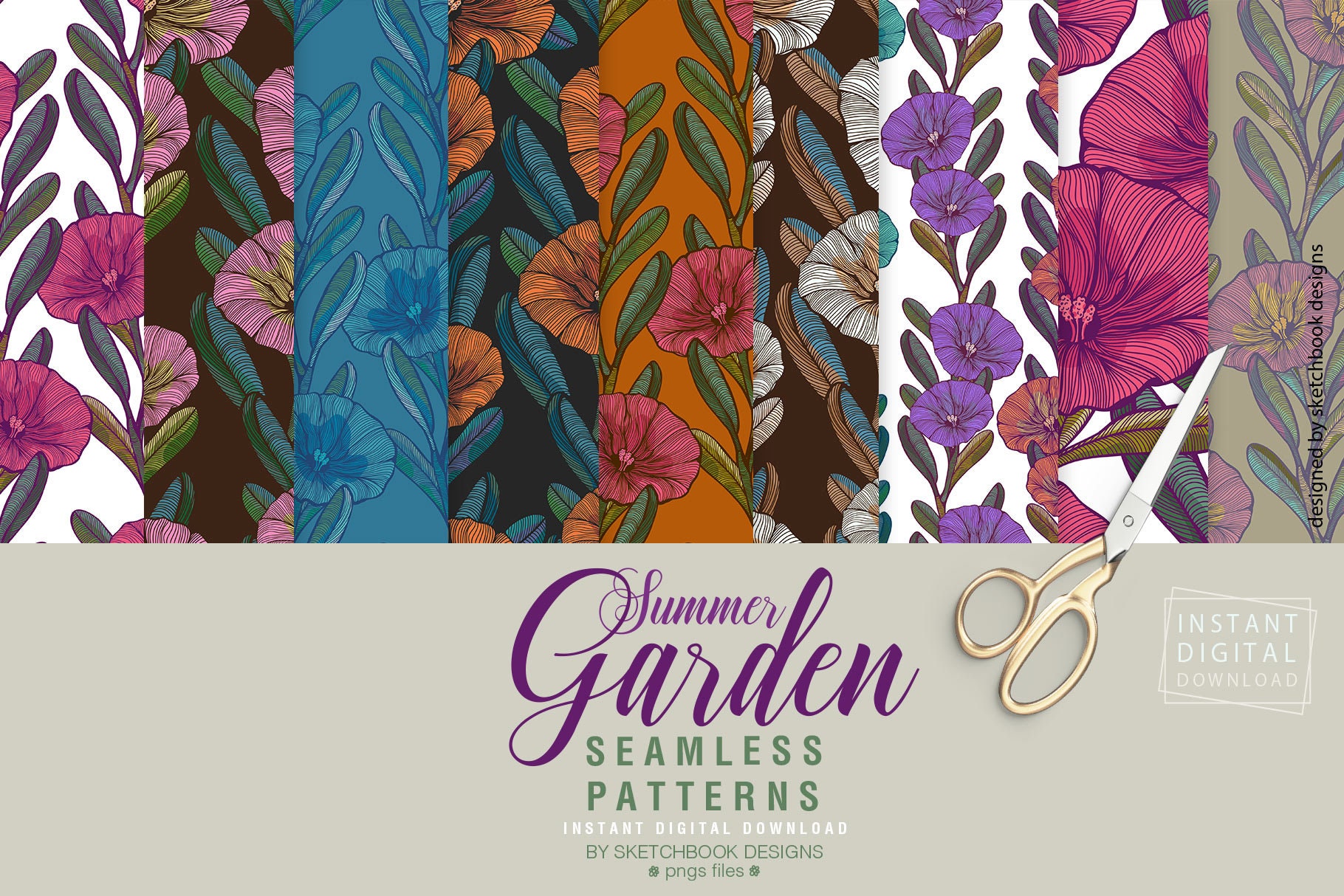 Summer Garden Digital Seamless Pattern Set Instant Download - Floral ...