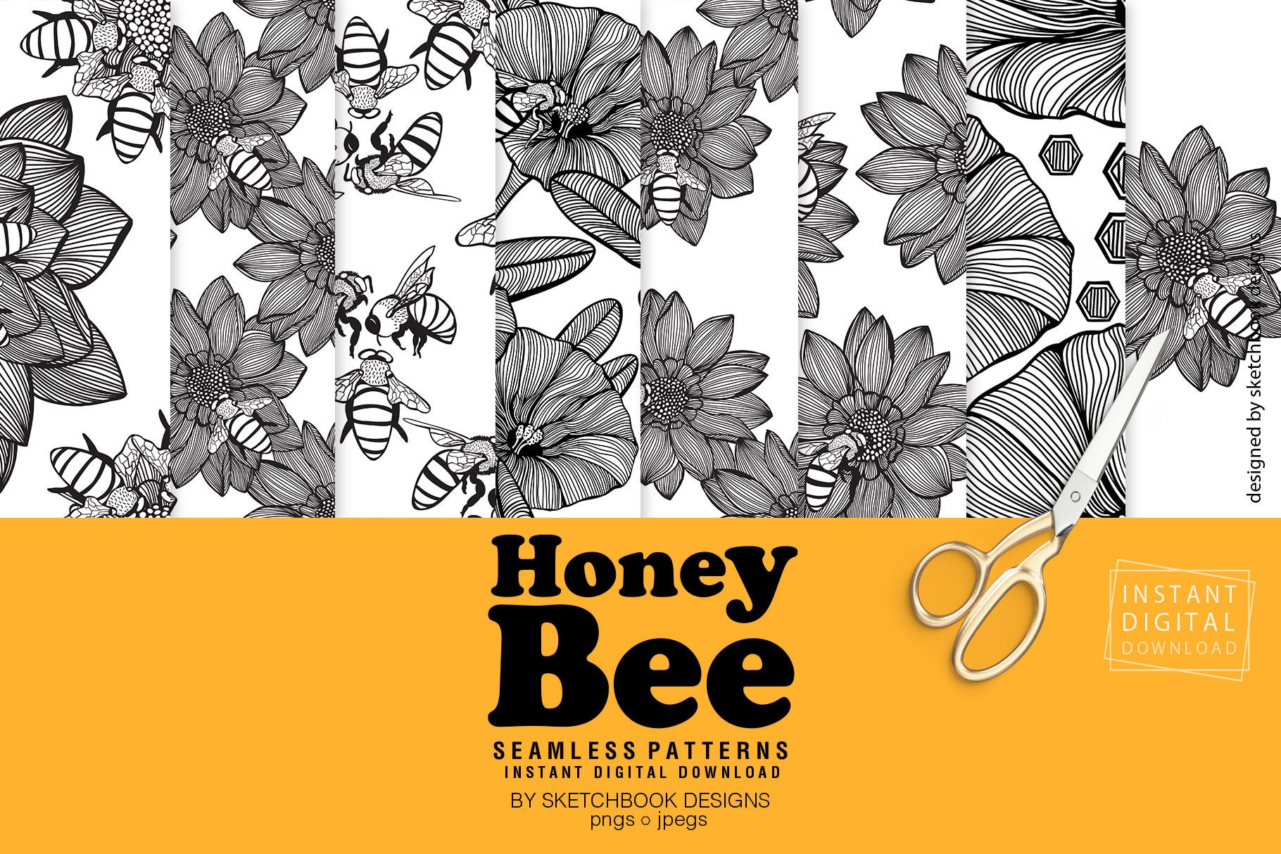 Honey Bee Digital Seamless Patterns, Black & White Patterns, Bee ...