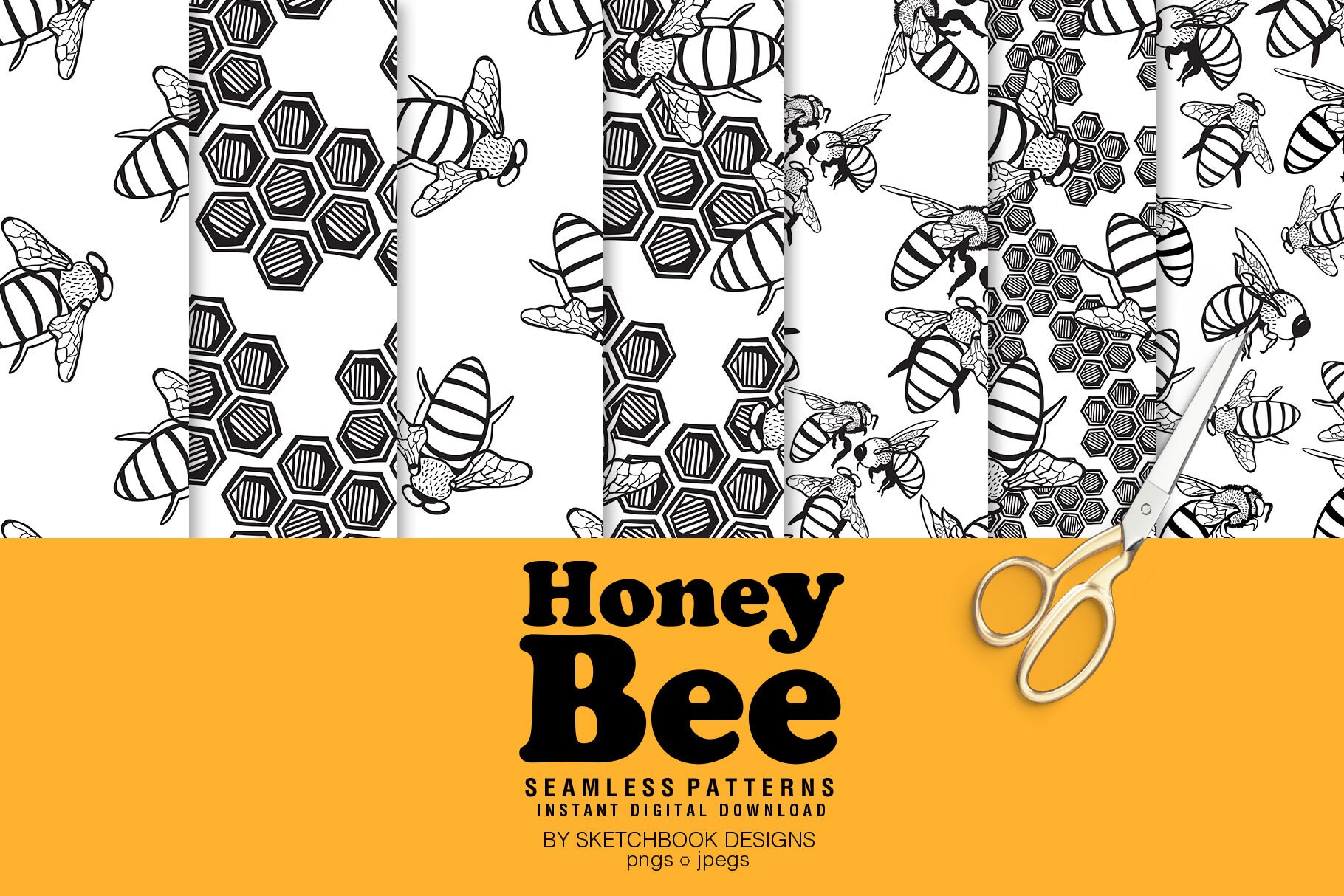 Honey Bee Digital Seamless Patterns, Black & White Patterns, Bee ...