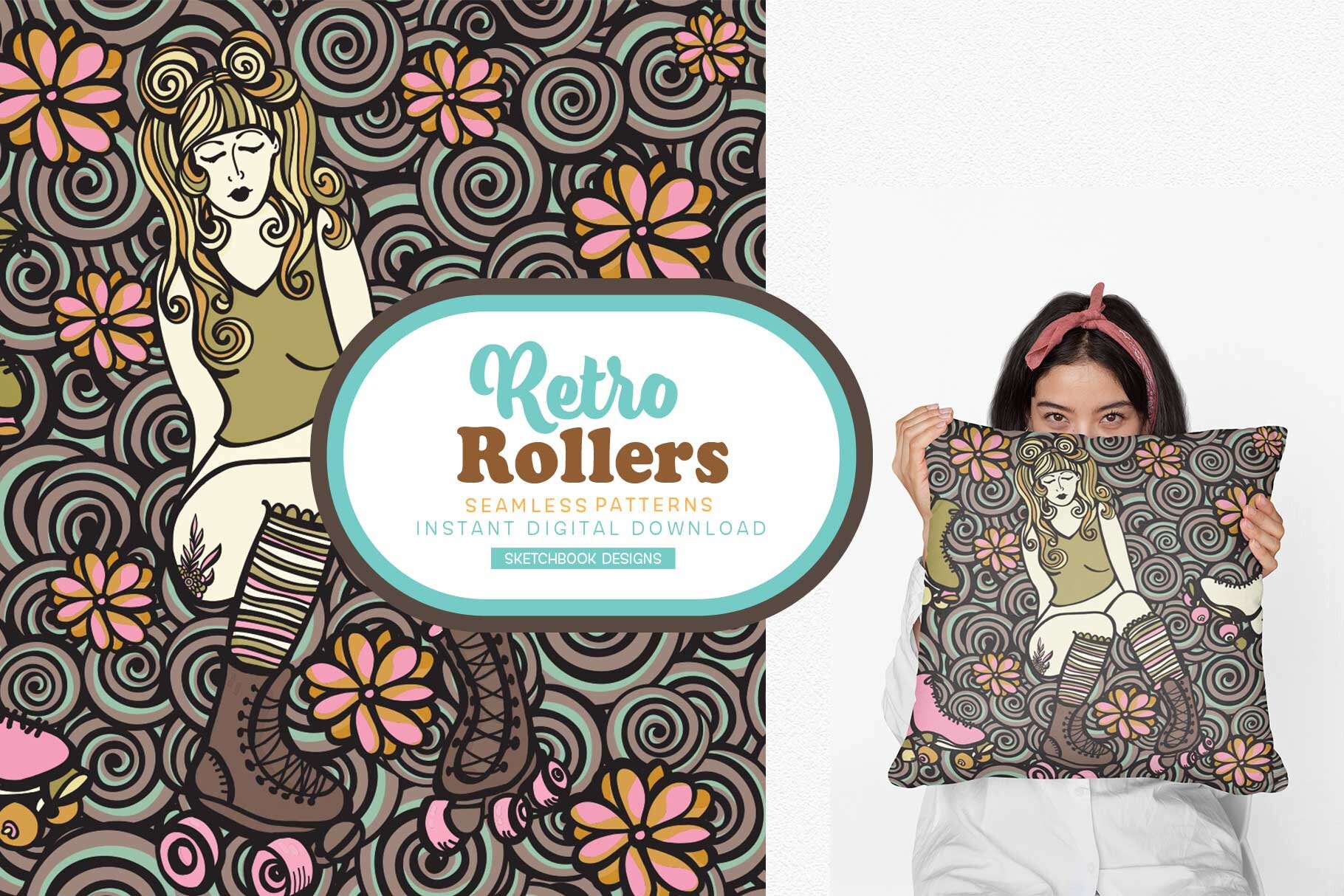 Retro Rollers Digital Seamless Pattern Set, Roller Skate Patterns ...