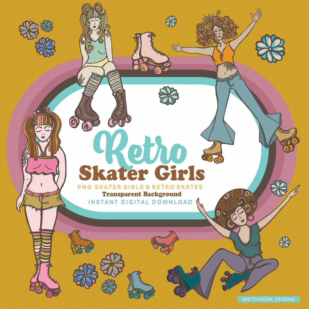 Retro Skater Girls Digital Seamless Pattern Set, Roller Skate Png ...