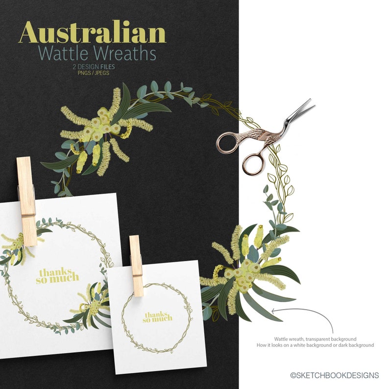 2 Wattle Wreaths Clipart, Australian Native Flowers, Wattle Blossoms ...