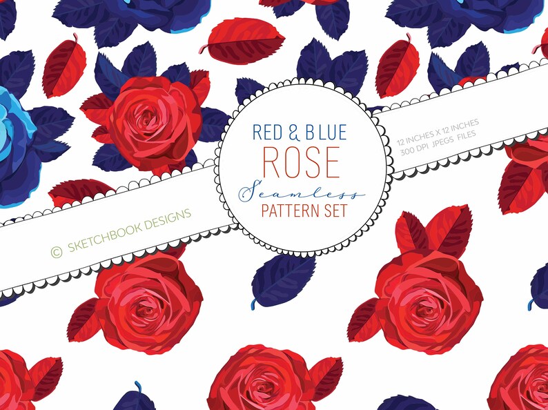 Red and Blue Vintage Rose Flowers Seamless Patterns - DIY Printables ...