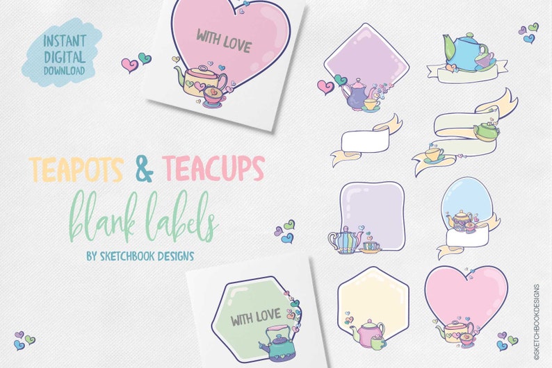 Teapots & Teacups - Cute Digital Label Clipart Set Instant Download - Etsy