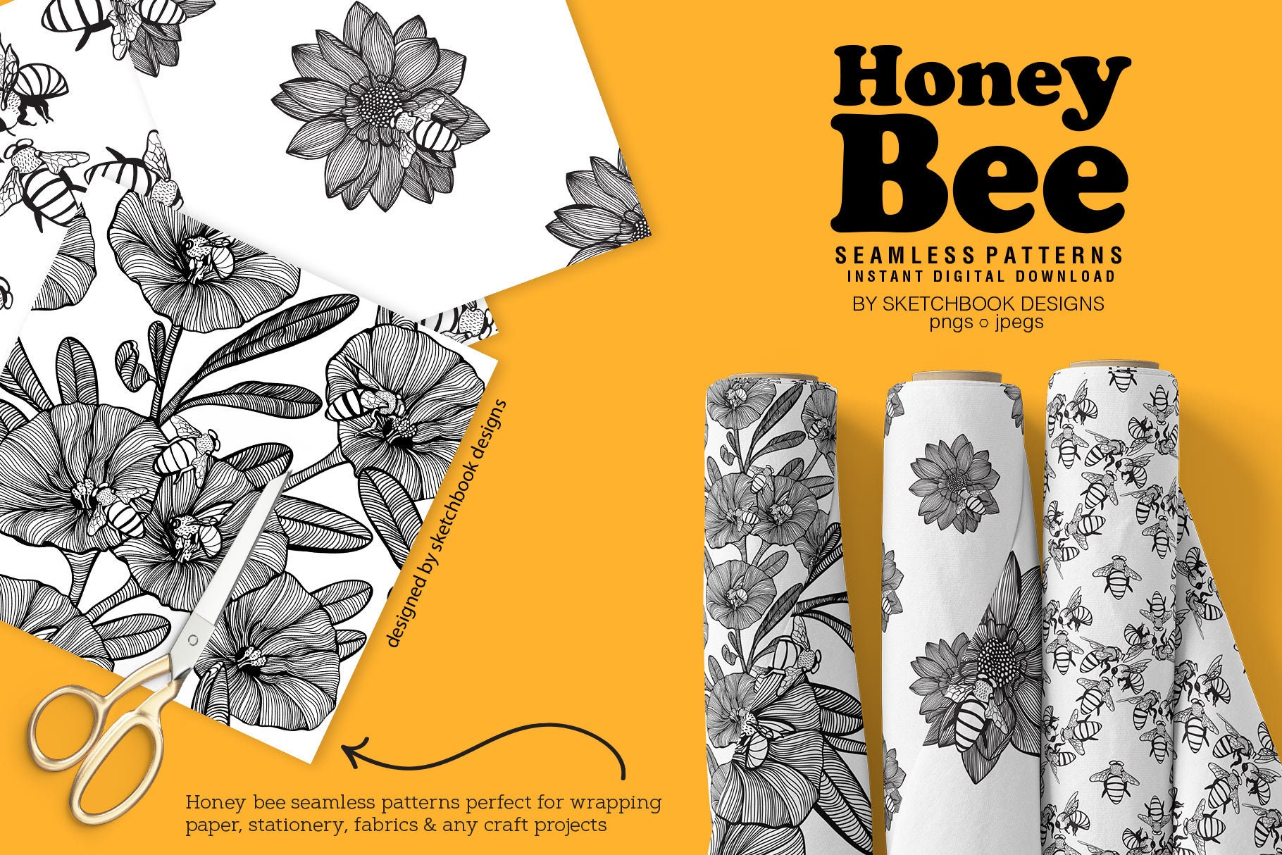 Honey Bee Digital Seamless Patterns, Black & White Patterns, Bee ...