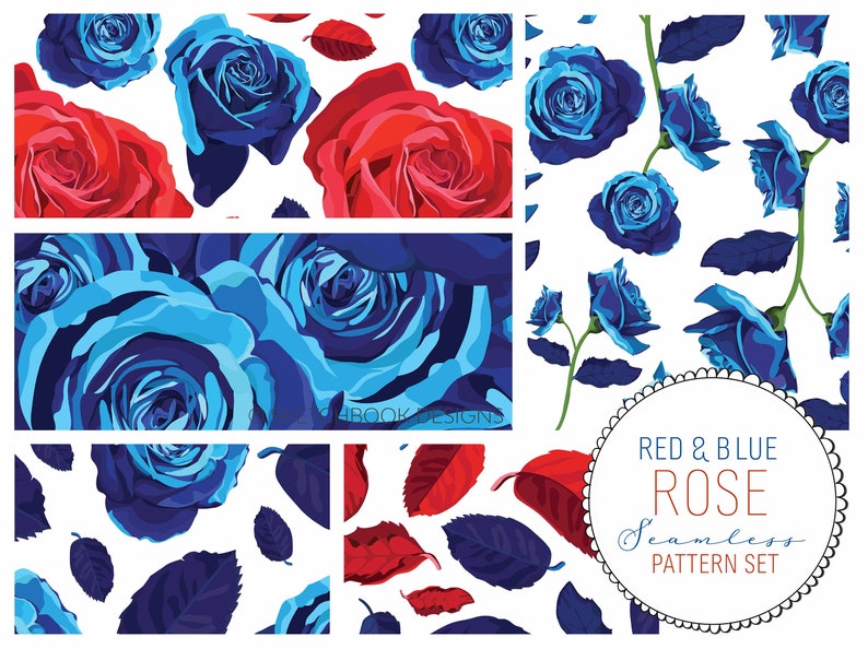 Red and Blue Vintage Rose Flowers Seamless Patterns - DIY Printables ...