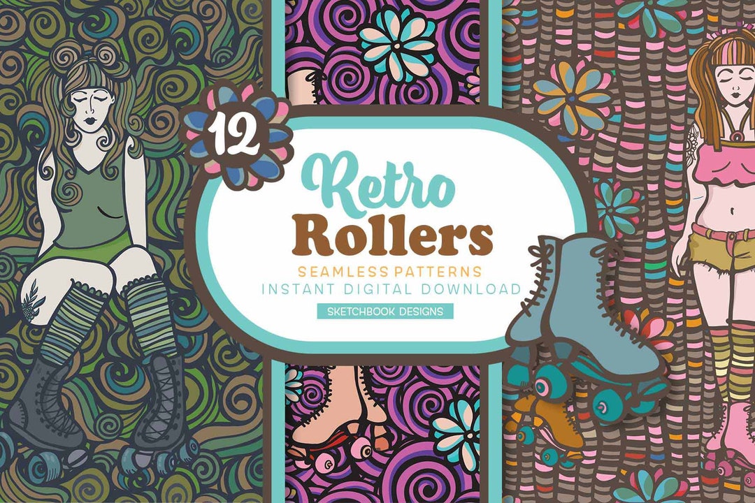 Retro Rollers Digital Seamless Pattern Set, Roller Skate Patterns ...