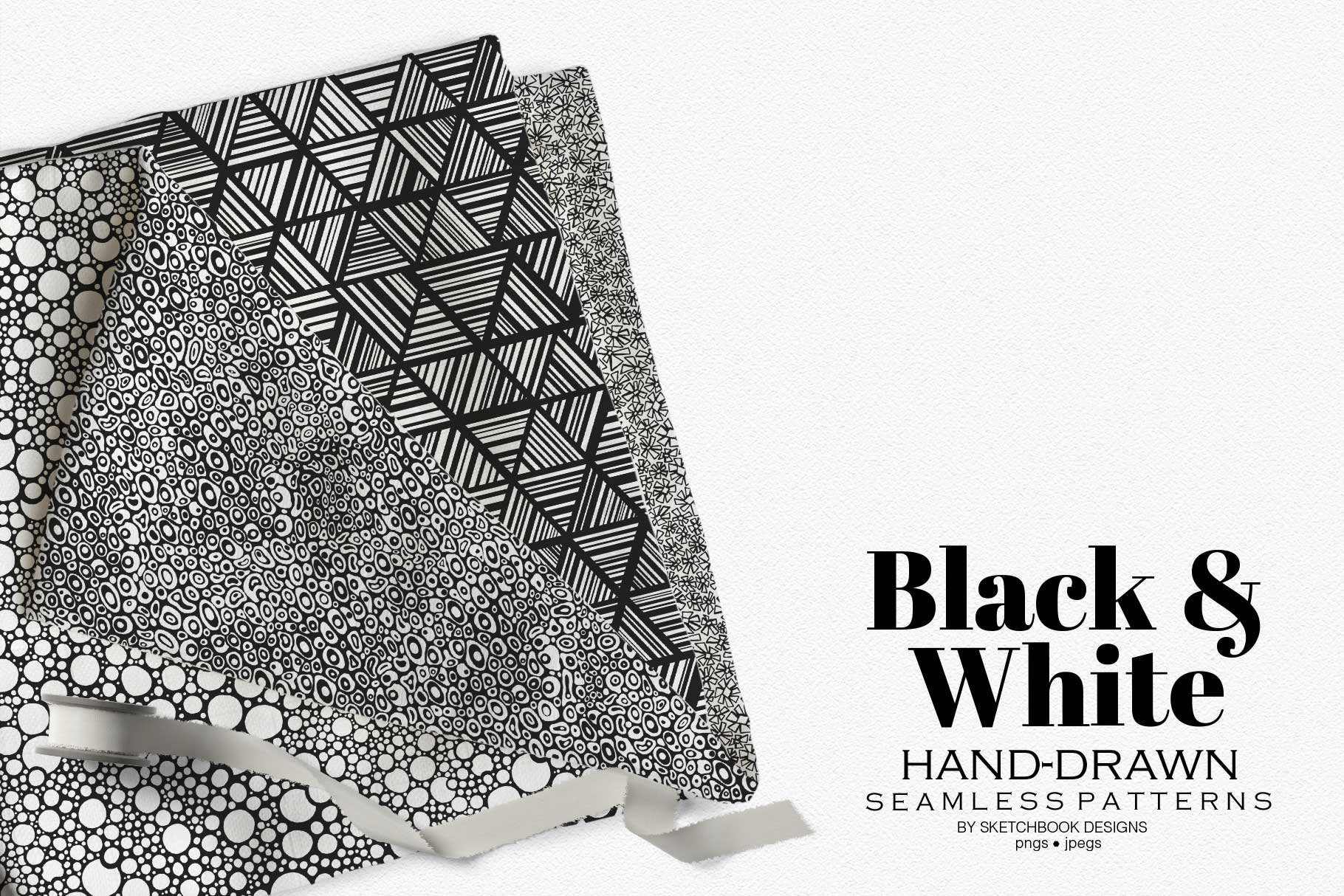 Black and White Hand-drawn Seamless Patterns, Digital Black and White ...
