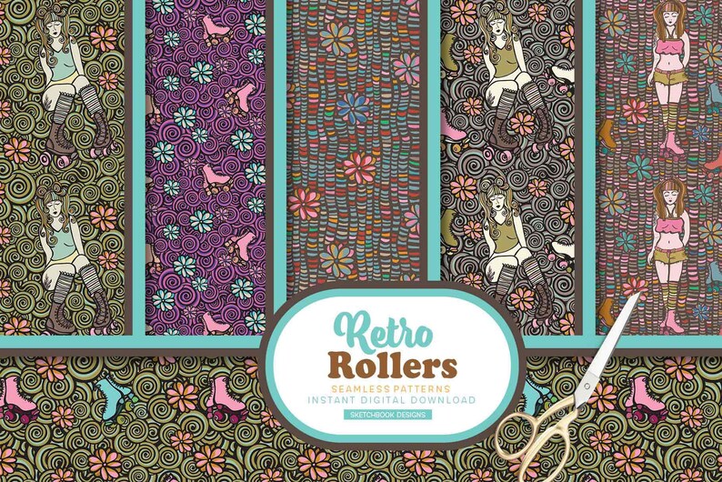Retro Rollers Digital Seamless Pattern Set, Roller Skate Patterns ...