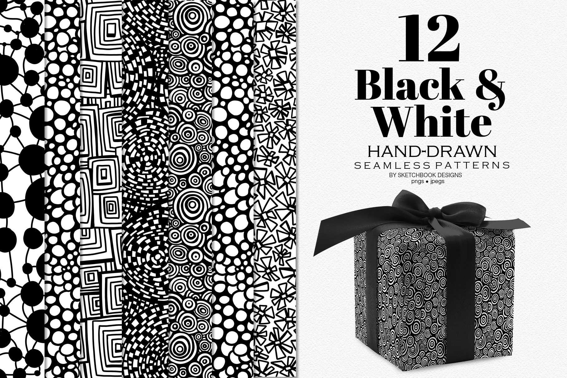 Black and White Hand-drawn Seamless Patterns, Digital Black and White ...
