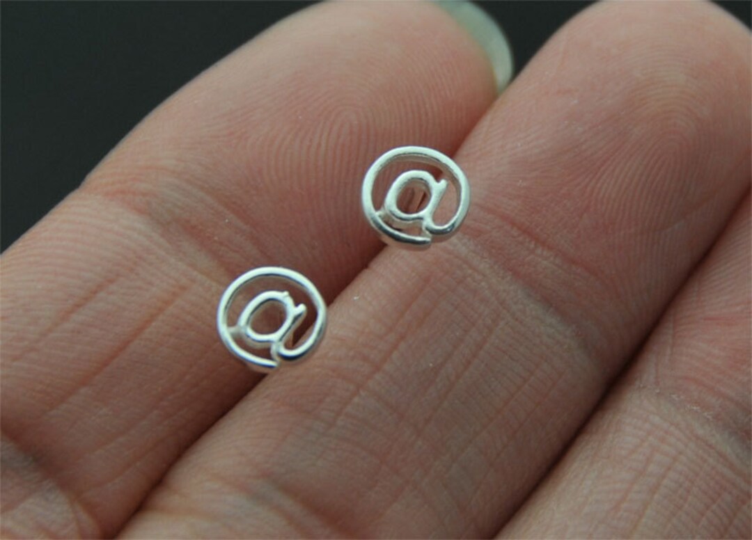 Tiny @ Sign Earrings Stud in Sterling Silver 925, @ Post Earrings ...