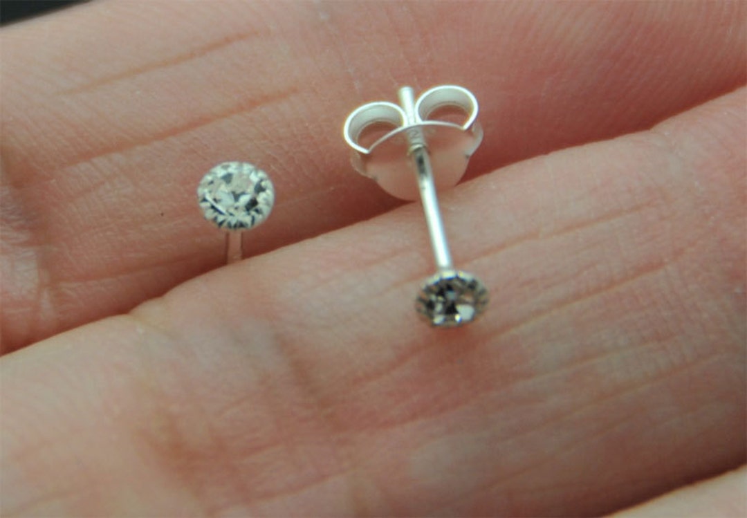 Tiny Sterling Silver 3mm Round CZ Studs Earrings, Cartilage Earring ...