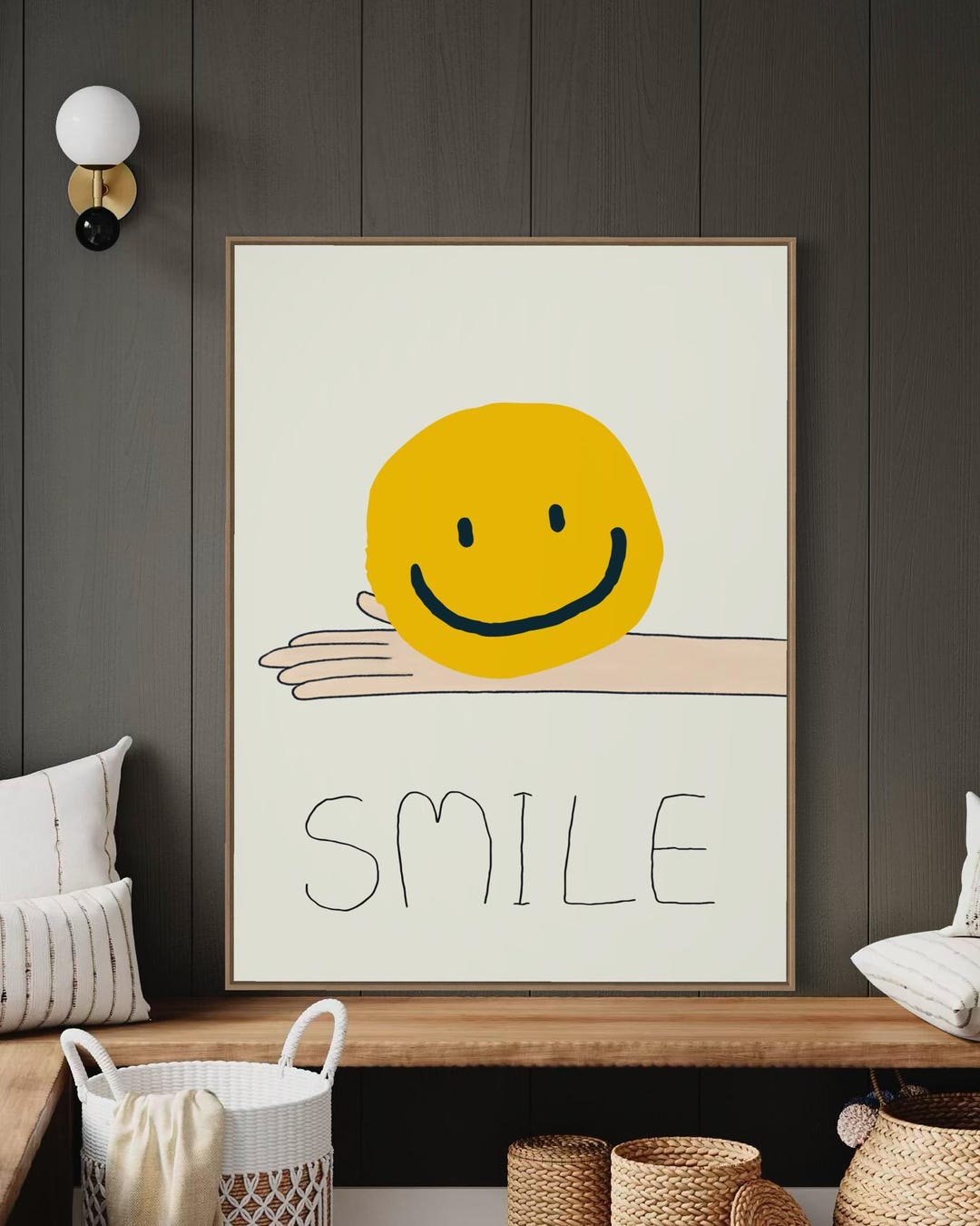 Minimalist Yellow Smiley Face Art Print Hand and Smile Illustration for ...