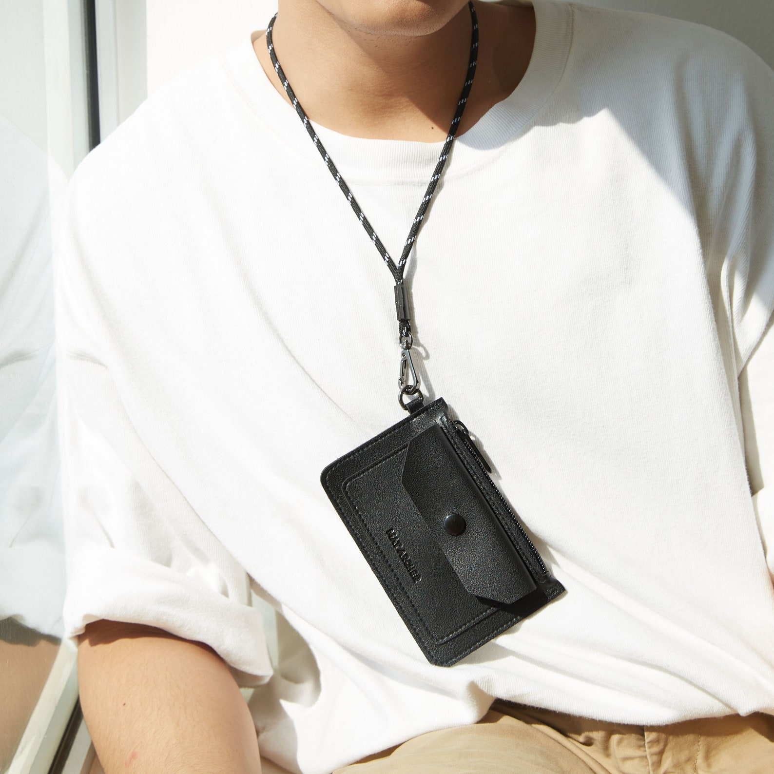 Lanyard Wallet and Badge Holder - Black, PU Leather, Coin Purse, Card ...