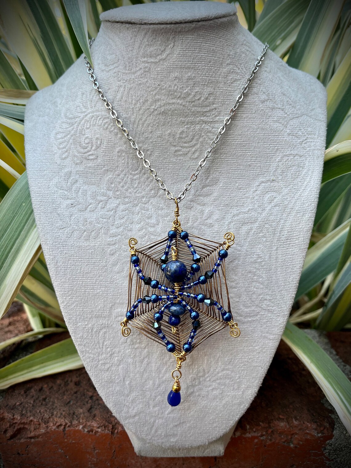 CLEARANCE Lapis Lazuli Sodalite and Glass Spider on Brass Web Necklace With Steel Chain Goth ...