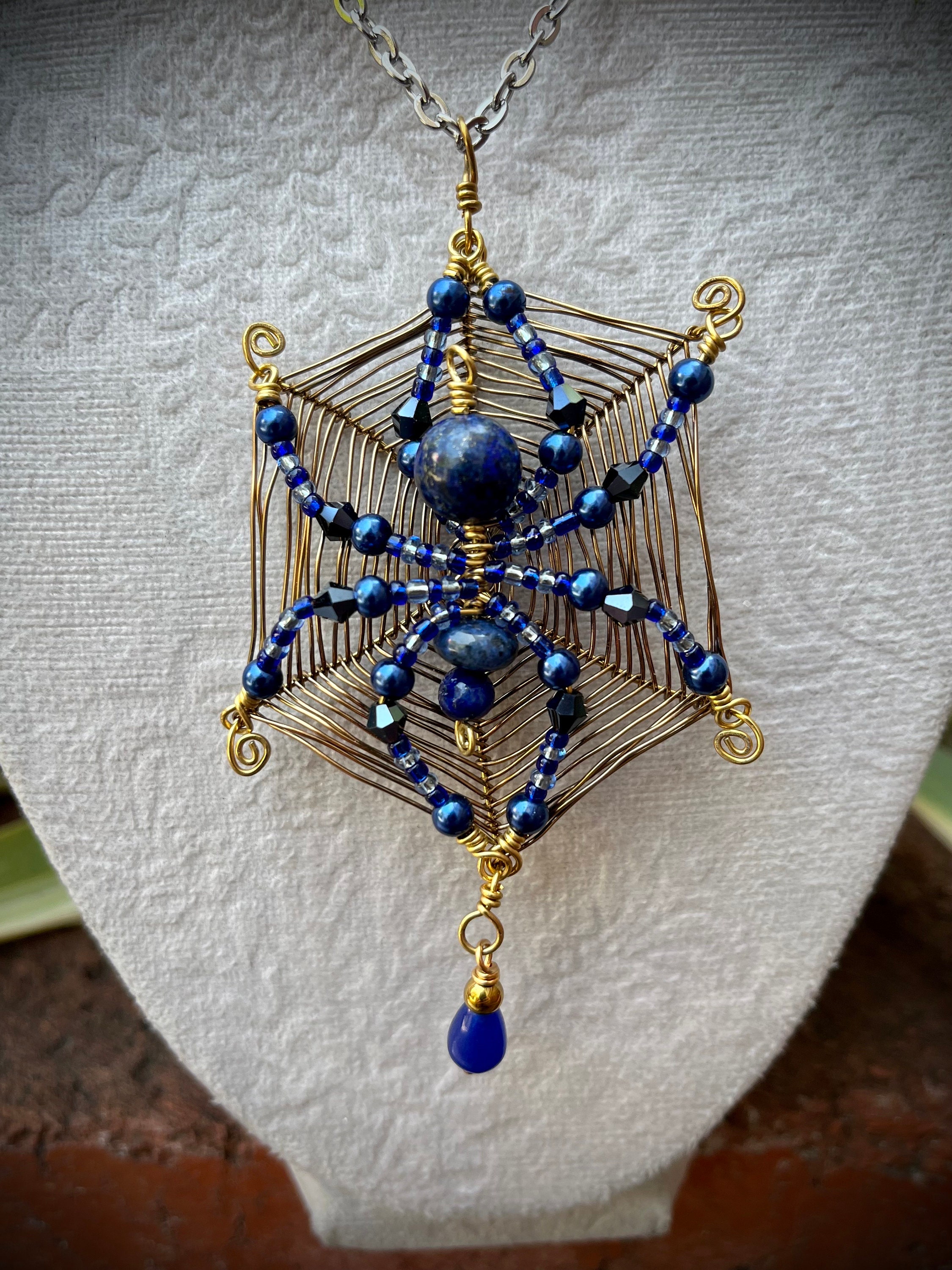 CLEARANCE Lapis Lazuli Sodalite and Glass Spider on Brass Web Necklace With Steel Chain Goth ...