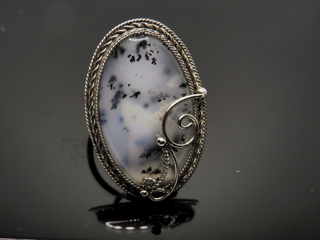 Tenderness White Dendritic Agate Merlinite Ring Stainless Steel Ring ...