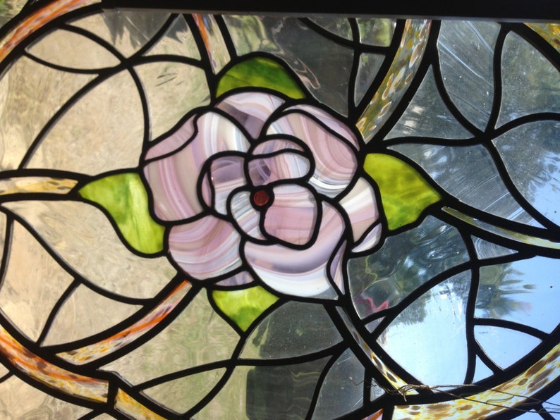Custom Stained Glass Pink Rose window 21 1/2 x 35 1/2 | Etsy