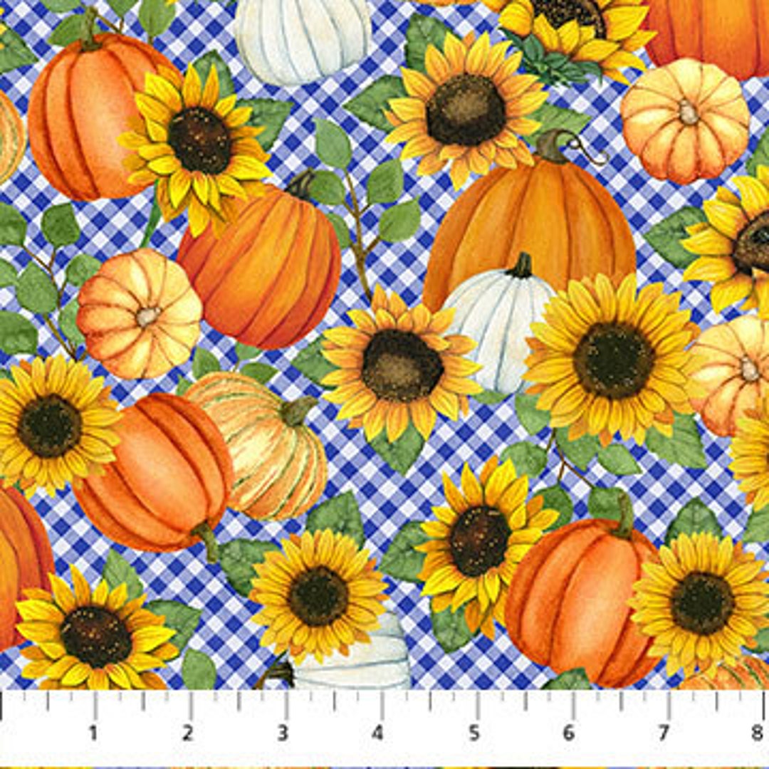 Lovely, Fall Fabric, Sunflowers, Pumpkins Allover, Blue Check, Fabric ...
