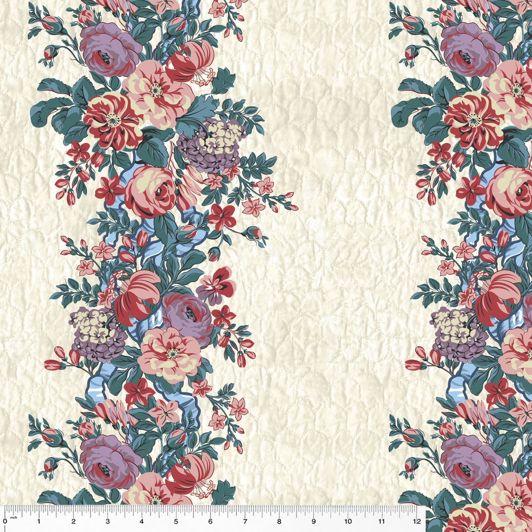 Beautiful, Floral Border Stripe, Dusty Blue, Pink, Antique White ...