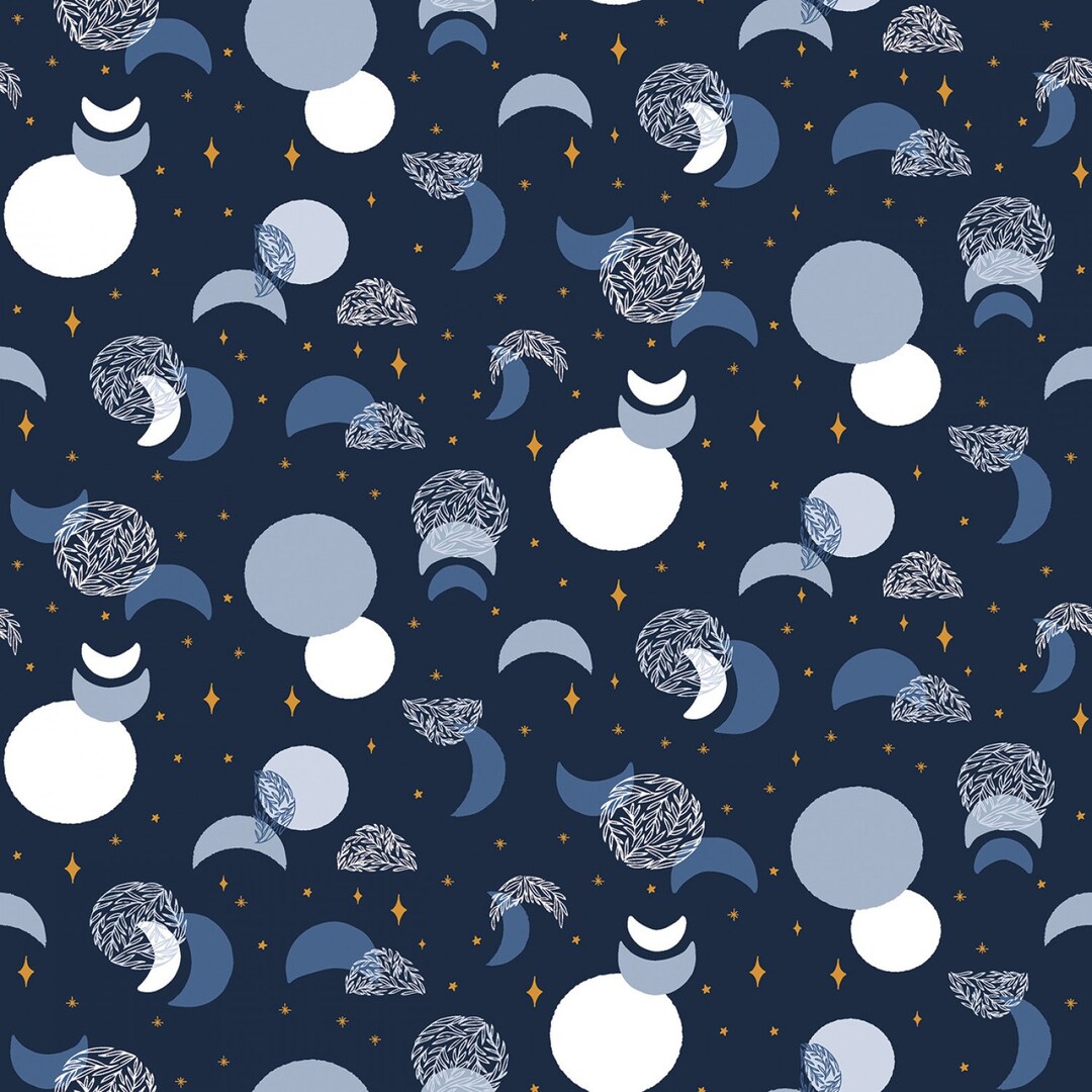 Moons, Eclipses, Metallic Gold Stars, Midnight Blue Background, Fabric ...